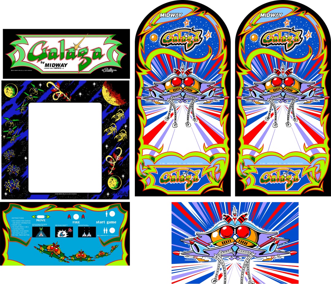 Galaga 6pc Arcade Cabinet Graphics - Arcade Side Art - Restoration Art ...