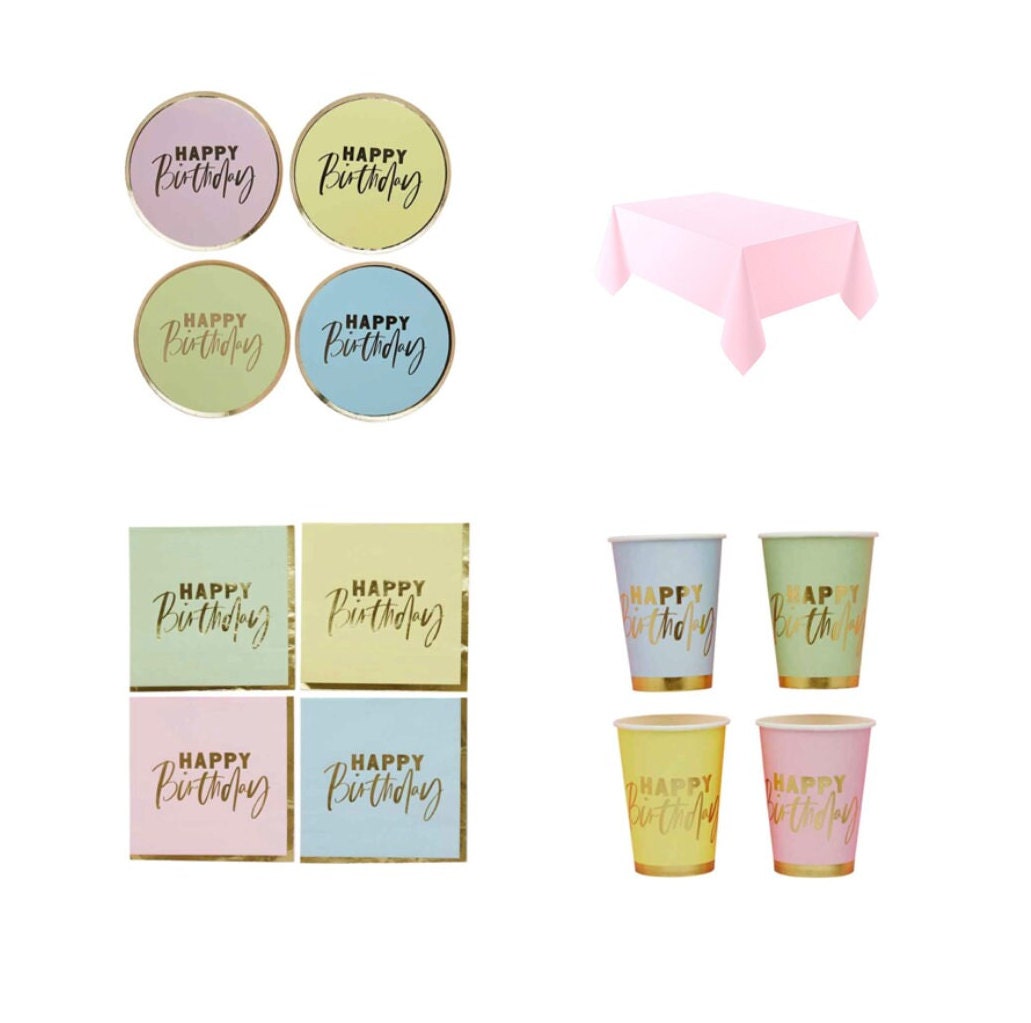Pastel Coloured 'happy Birthday' Party Tableware Decorations Including ...