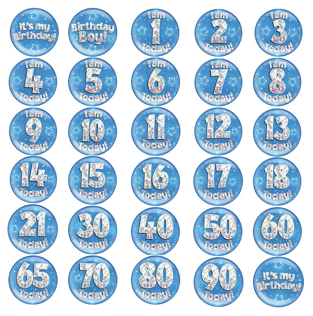 Blue & Silver Jumbo Birthday Badges Ages 1-90, Birthday Badges, 1 2 3 4 ...