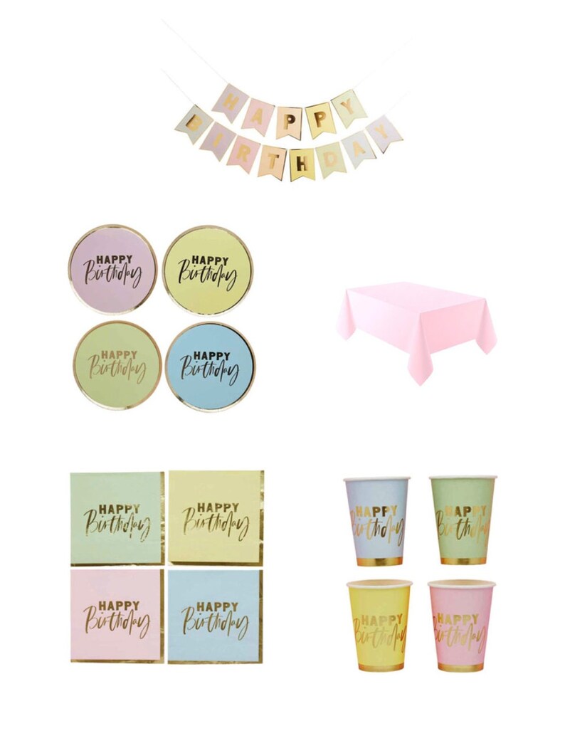 Pastel Coloured 'happy Birthday' Party Tableware Decorations Including ...