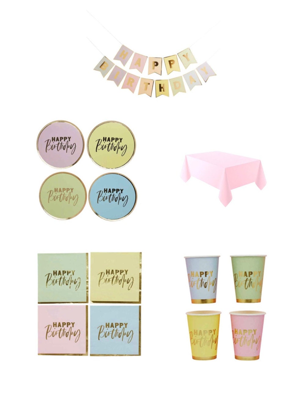Pastel Coloured 'happy Birthday' Party Tableware Decorations Including ...