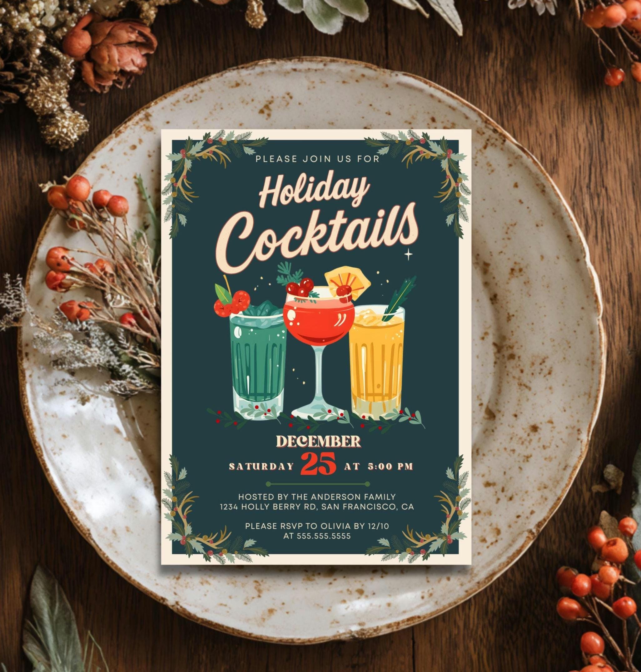 Retro Holiday Cocktails Party Invitation Template | Editable Canva ...