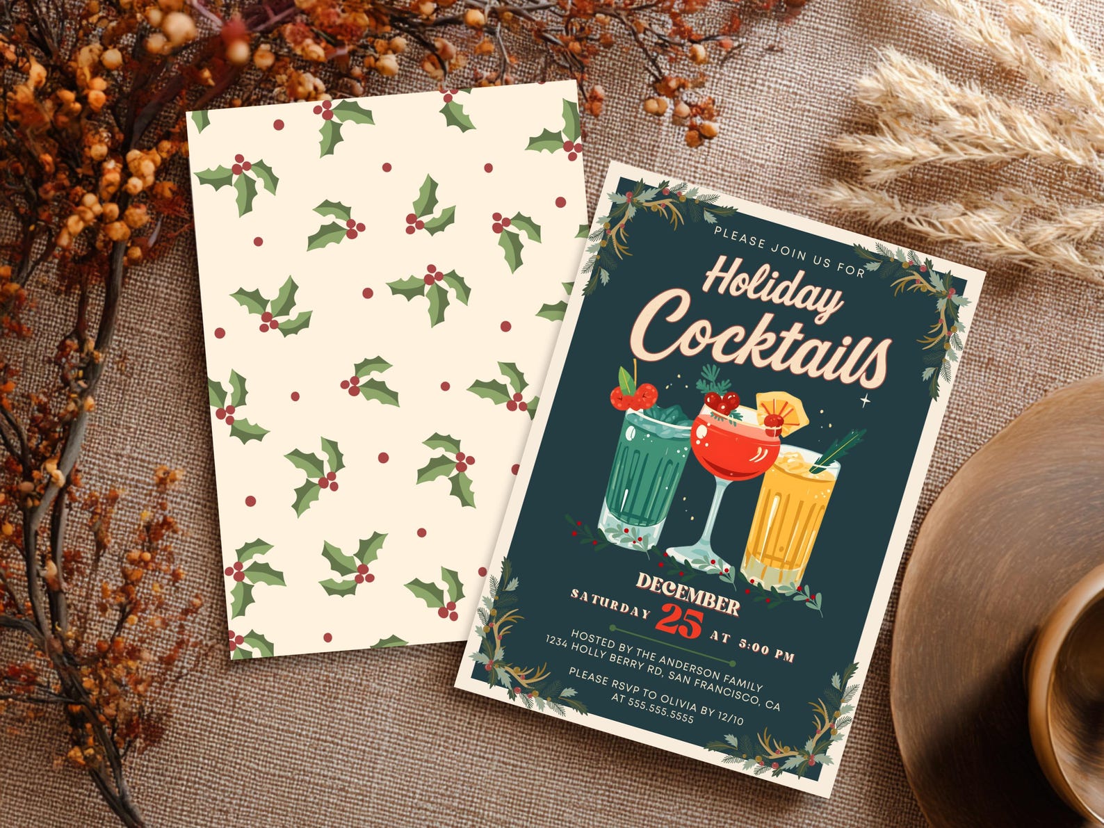 Retro Holiday Cocktails Party Invitation Template | Editable Canva ...