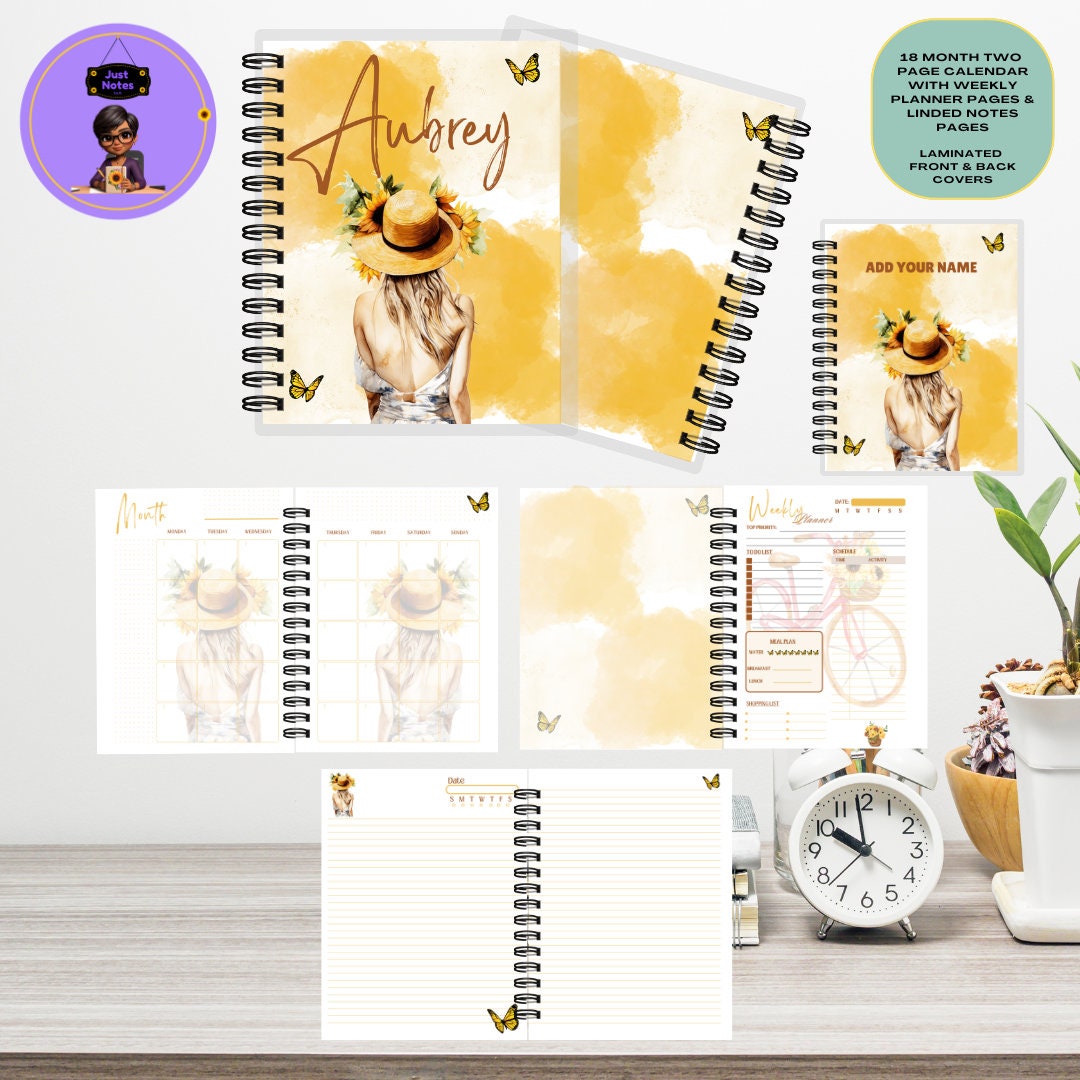 Personalized Undated Monthly Spiral Planner: Girl With Sunflower Hat - Etsy