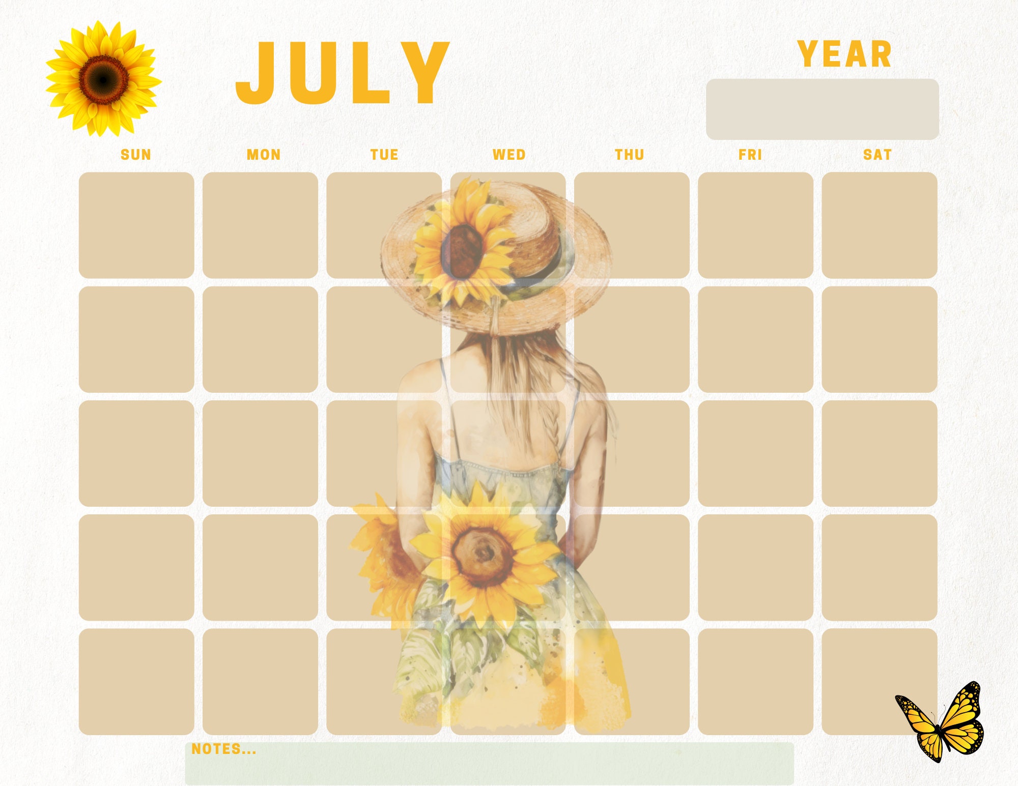 Printable Sunflower Undated Calendar - 12-month Undated Calendar - Etsy