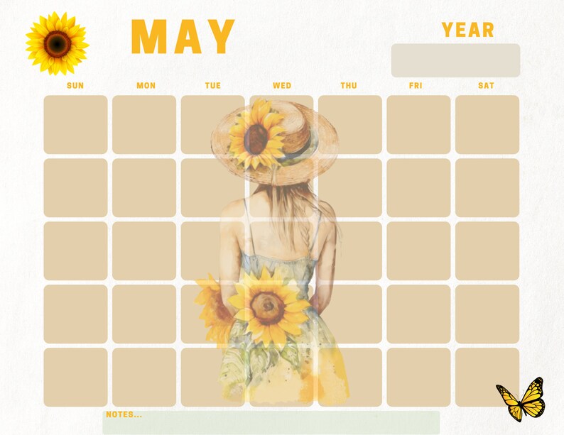 Printable Sunflower Undated Calendar - 12-month Undated Calendar - Etsy