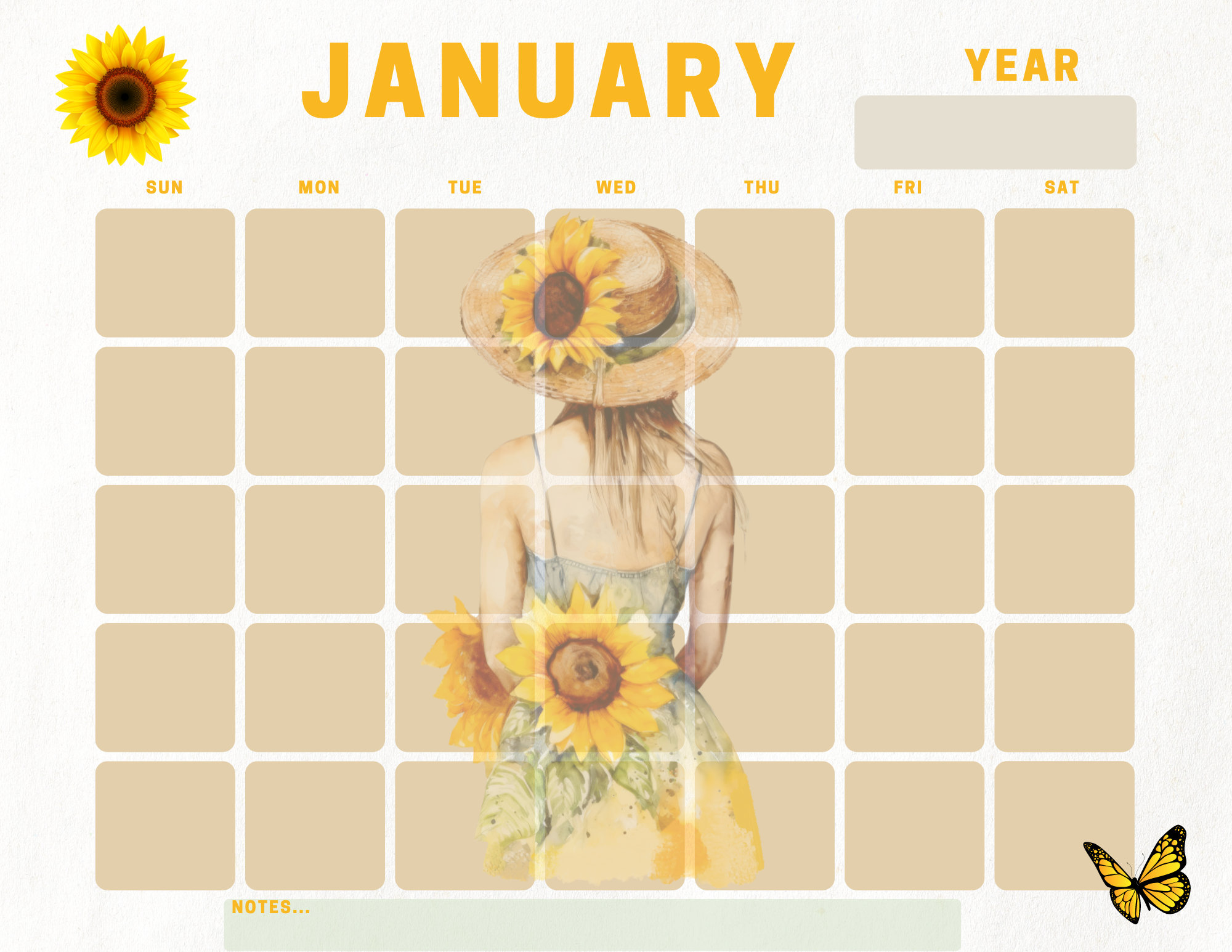 Printable Sunflower Undated Calendar - 12-month Undated Calendar - Etsy