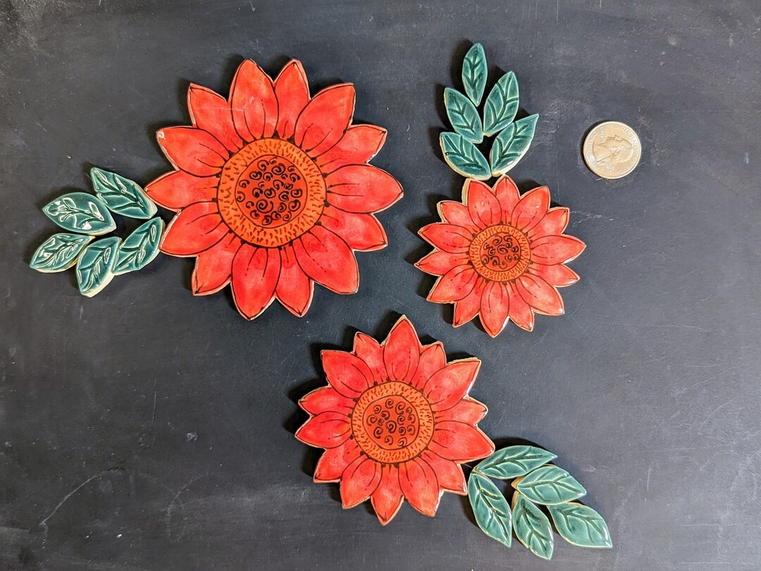 Handmade Ceramic Red Daisy Flower Mosaic Tiles, Decorative Red Flower ...