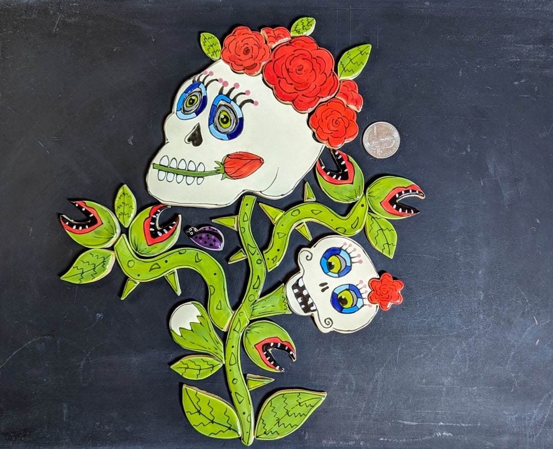 Handmade Ceramic Mosaic Sugar Skull Shop of Horror Tile Set, Decorative ...