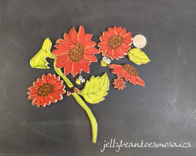 Handmade Ceramic Red Sunflower Mosaic Tiles, Decorative Tiles, Back ...