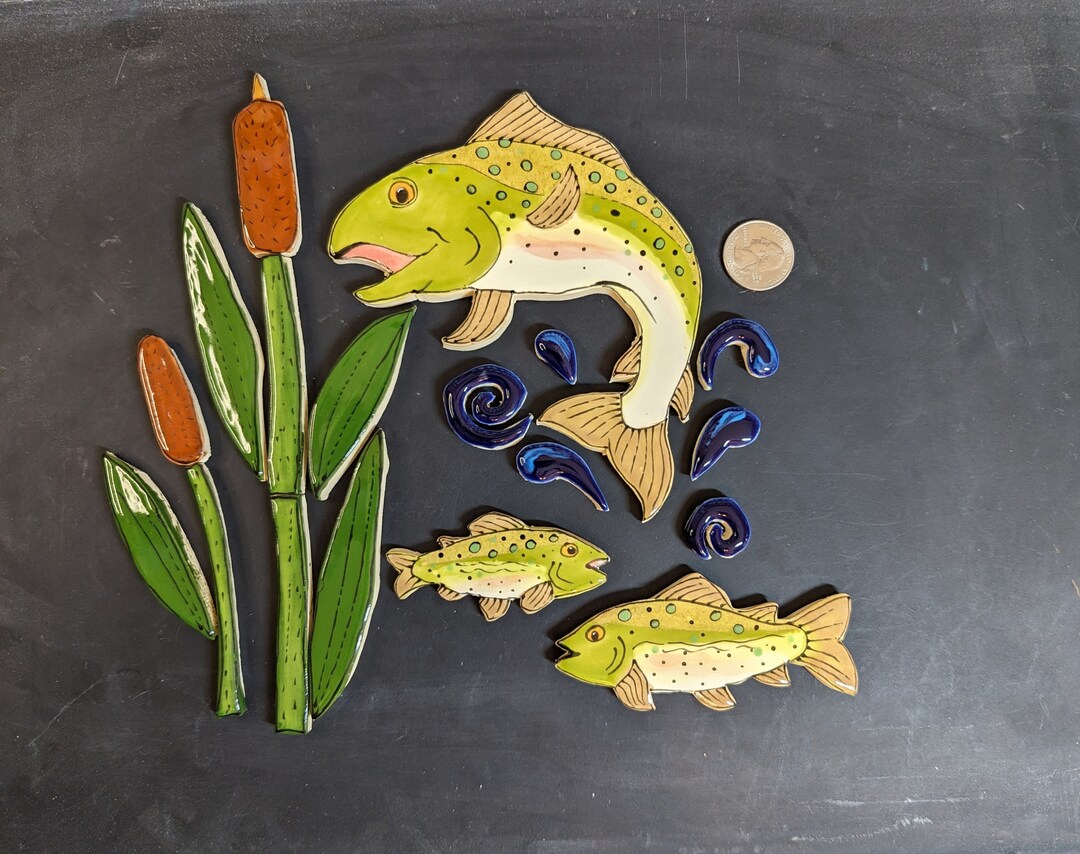 Handmade Ceramic Swimming Fish Mosaic Tile Set, Decorative Tiles, Craft ...
