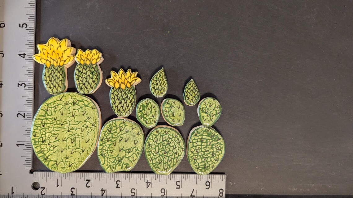 Handmade Prickly Pear Cactus Ceramic Mosaic Tiles, Southwest Art, 11 Pc ...