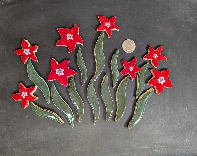 Handmade Ceramic Mosaic Tile Shaped Red Wild Flower Tiles, Decorative ...