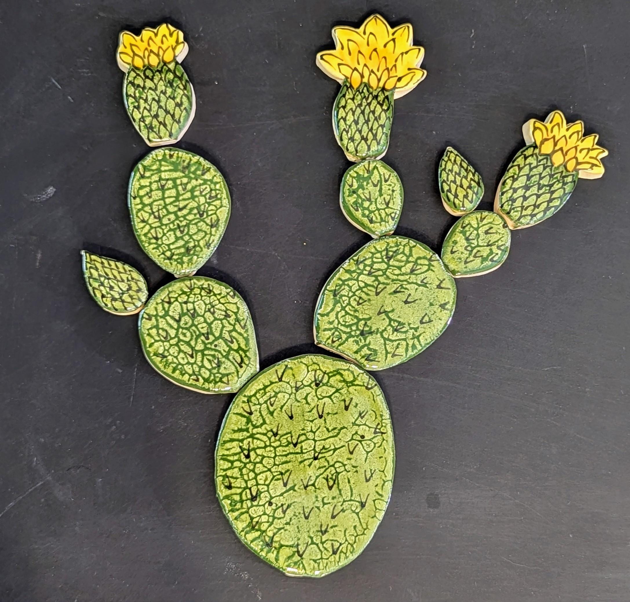 Handmade Prickly Pear Cactus Ceramic Mosaic Tiles, Southwest Art, 11 Pc ...