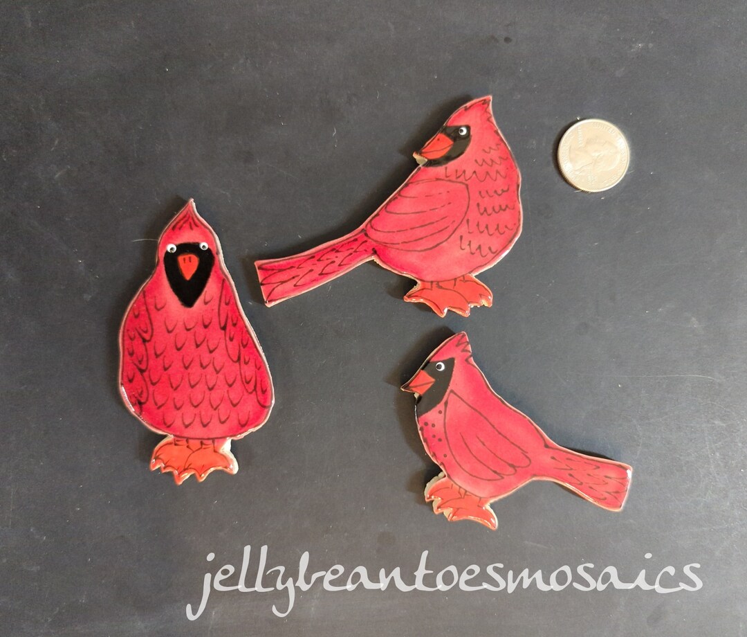 Handmade Ceramic Mosaic Bright Red Cardinal Bird Tile Set, Decorative ...