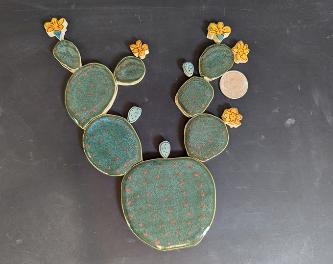 Handmade Ceramic Mosaic Prickly Pear Tile Set, Red Barbed Cactus ...