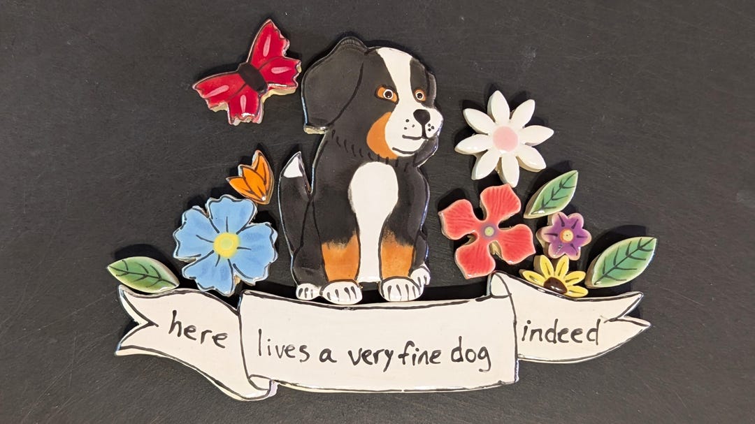Handmade Ceramic Mosaic Tile: Bernese Dog and Flowers, Dog Lover, 12 Pc ...