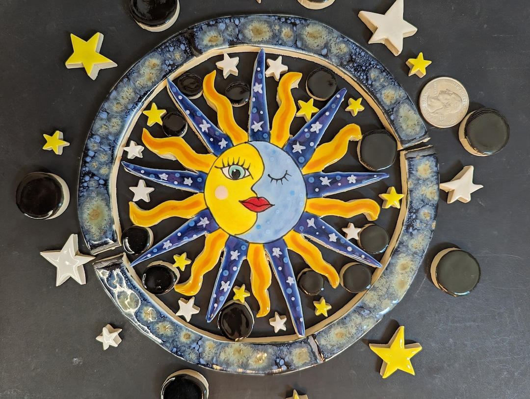 Handmade Ceramic Celestial Sun and Moon Mosaic Tile Set, Garden Bench ...
