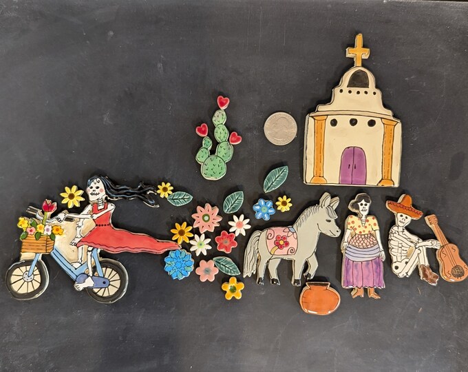 Handmade Ceramic Mosaic Sugar Skull Village Tile Set, Decorative Sugar ...