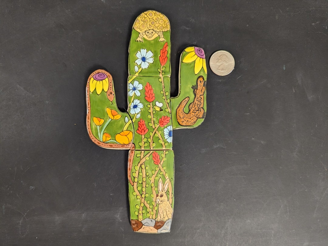 Handmade Ceramic Boho Desert Painted Saguaro Cactus Mosaic Tile ...
