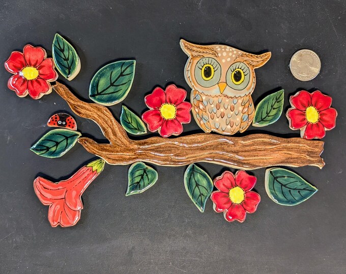 Handmade Ceramic Mosaic Owl on a Tree Branch Tile Set,decorative Tile ...