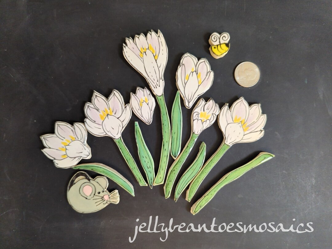 Handmade Ceramic Mosaic Spring Crocus Flower Tile Set, Decorative Tiles ...