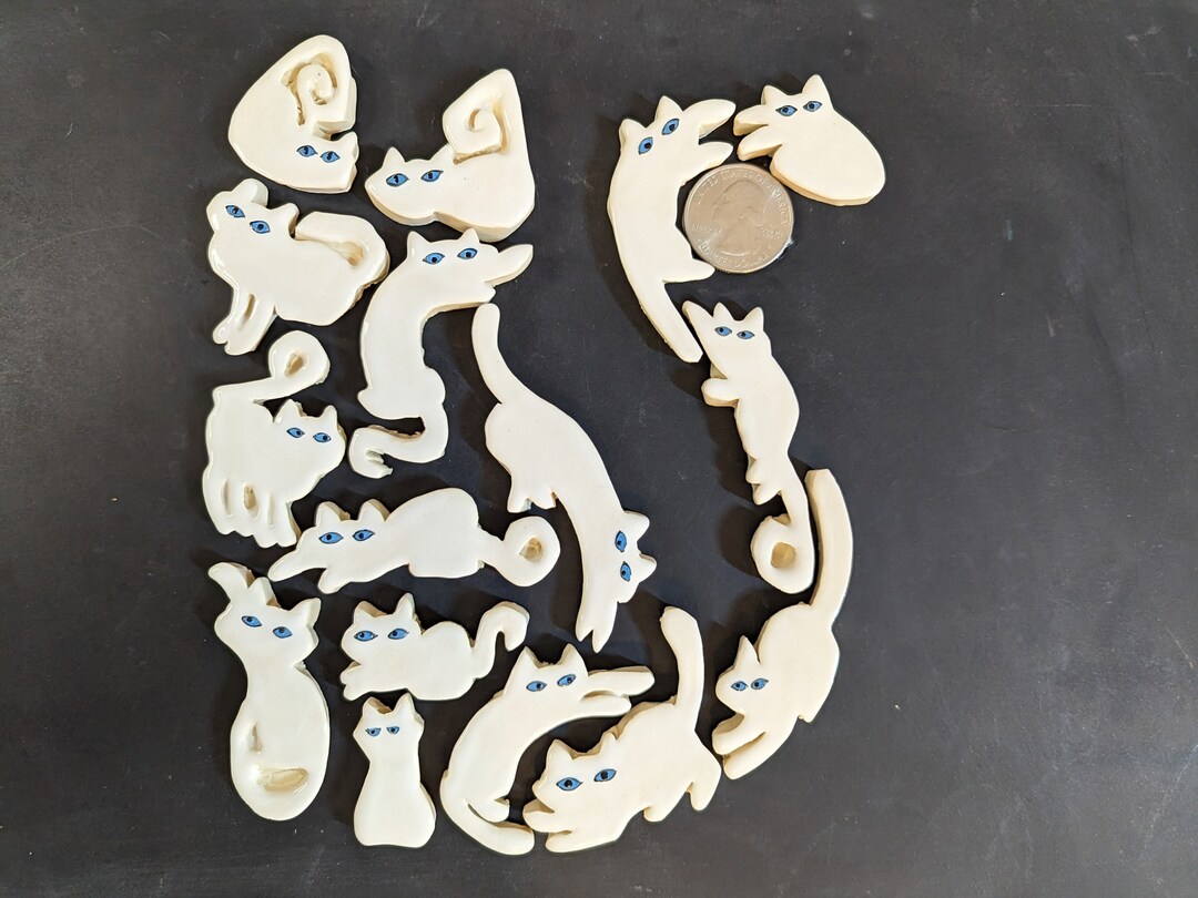Handmade Ceramic Mosaic White Cat Tiles, Cat Silhouette Tiles, Abstract ...