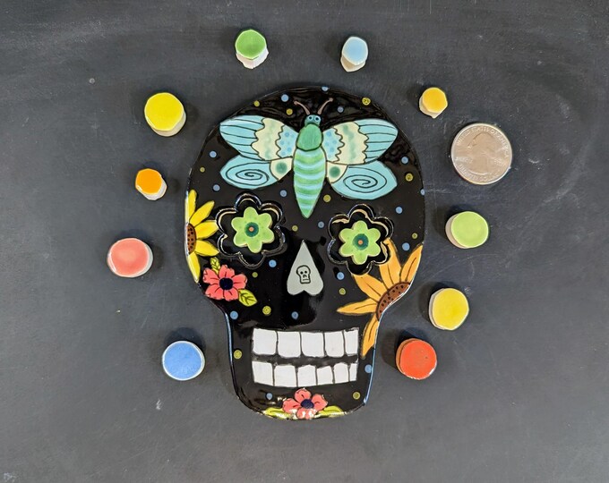 Handmade Ceramic Mosaic Sugar Skull Tile, Dia De Los Muertos Night Moth ...