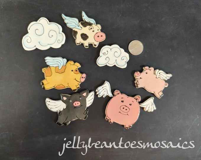 Handmade Ceramic Mosaic Flying Pigs Tile Set, Decorative Tiles, Back ...