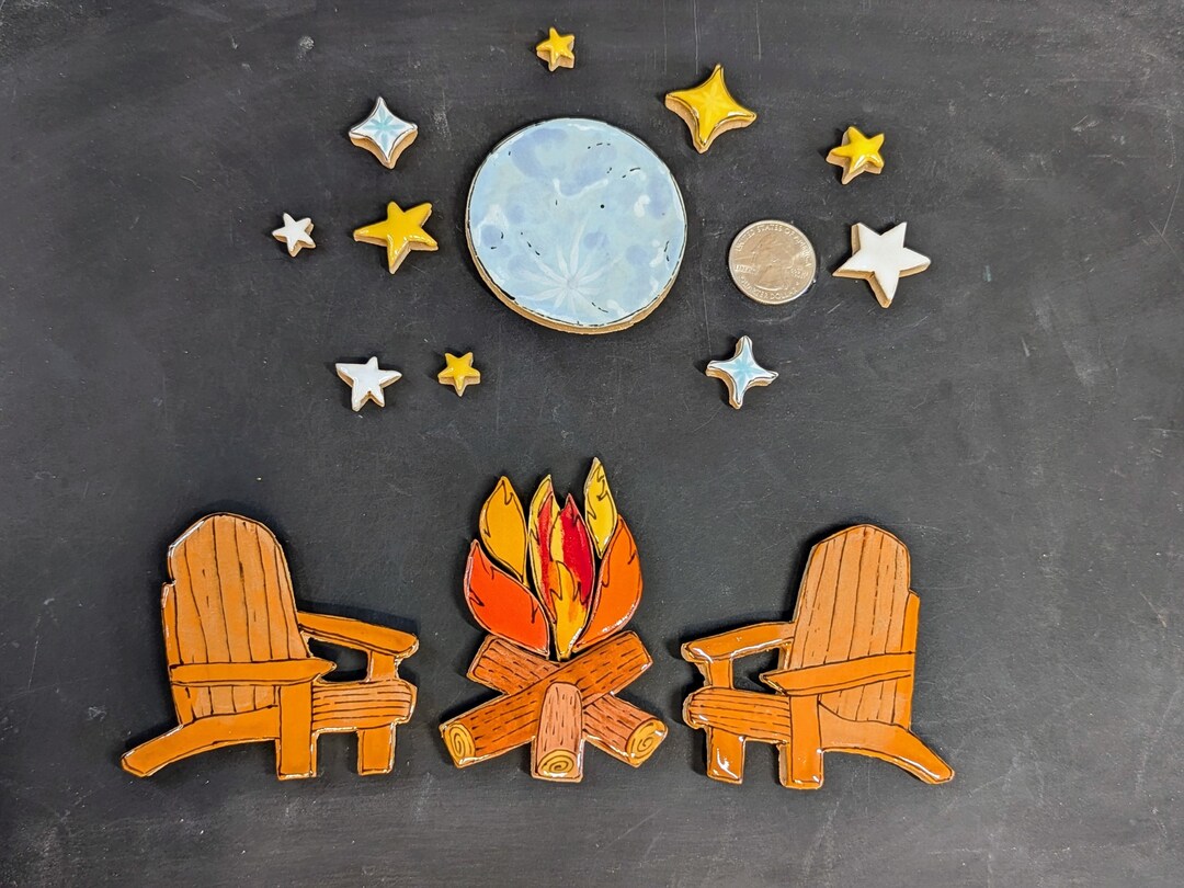 Handmade Ceramic Adirondack Chairs With Campfire and Full Blue Moon ...