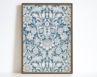 Antique Indian Folk Poster, Blue Flower Pattern Printable, Embroidered ...