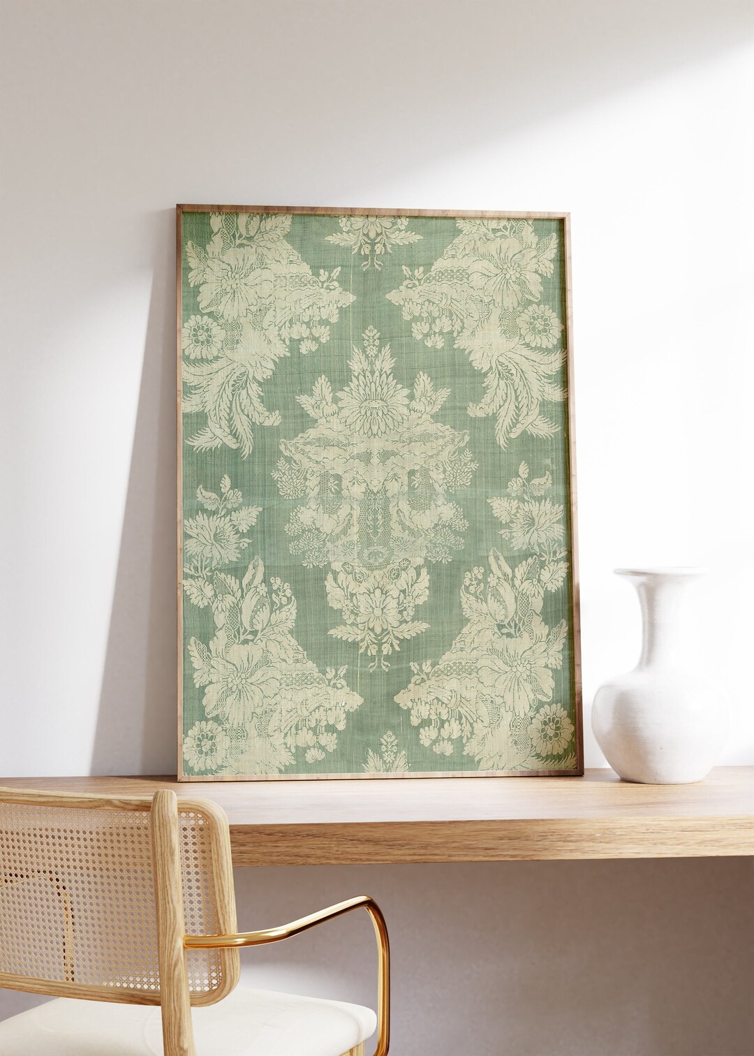 Antique Tapestry Poster, Vintage Sage Green Textile Print, Printable ...