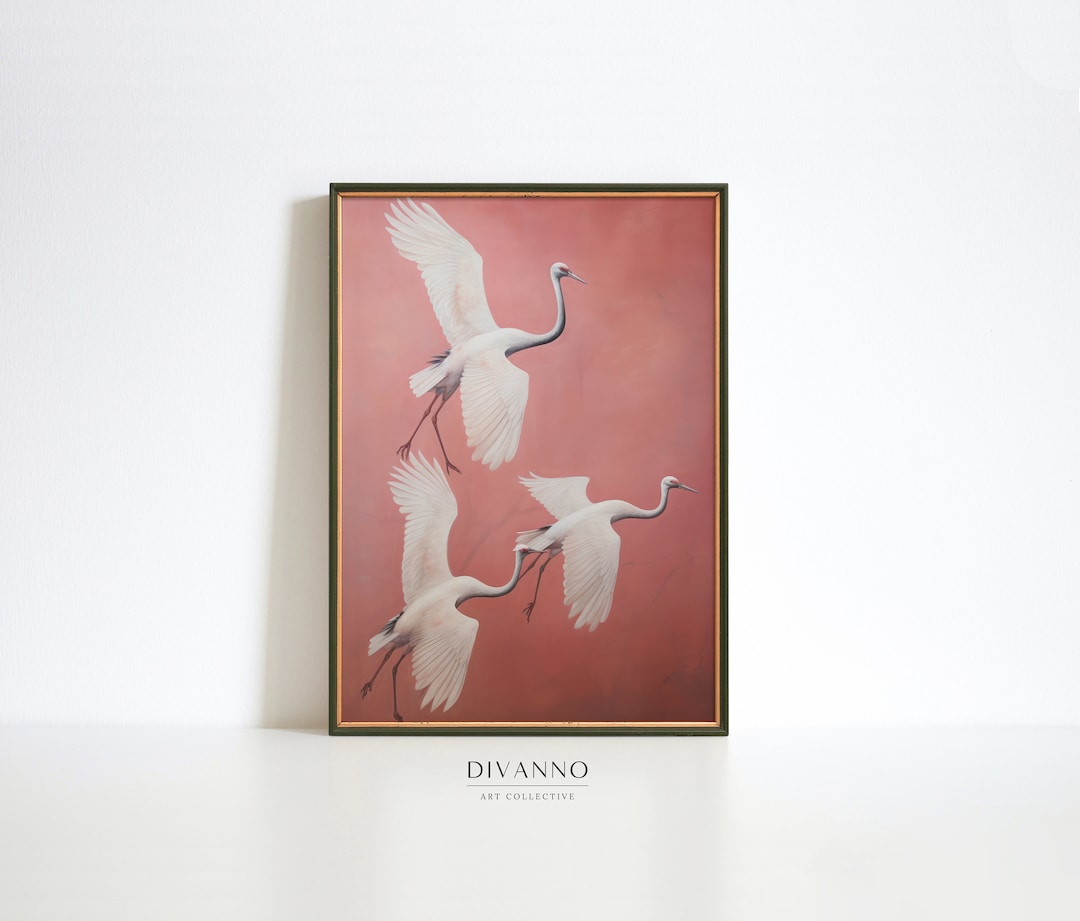 Pink Crane Print, Flying Bird Wall Art, Modern Wall Decor, Minimalist ...