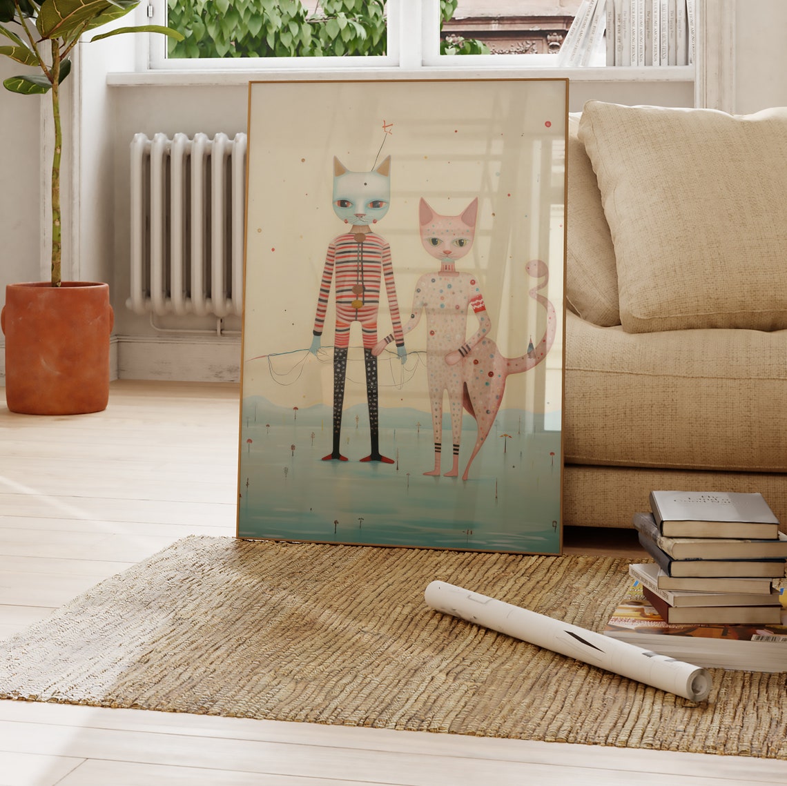 Duo Cats Print, Wild Colourful Cats Wall Art, Couple Canvas, Poster ...