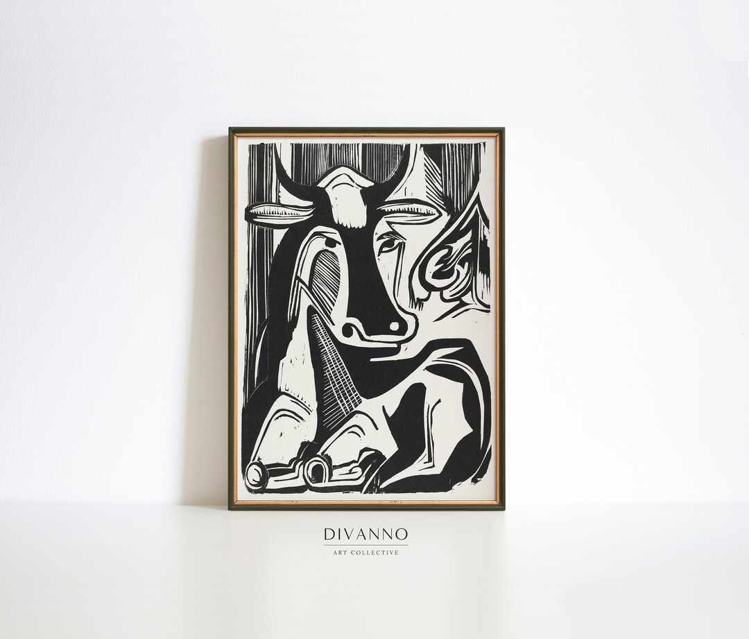 Vintage Abstract Large Cow Art Print, Retro Animal Wall Art ...