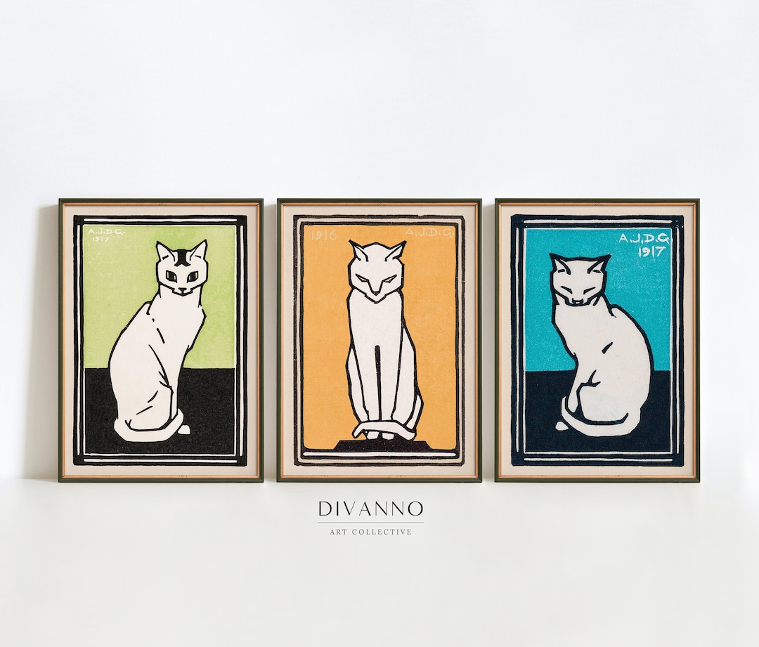 Set of 3 Cat Art Prints, White Cats Gallery, Exhibition Poster, De ...