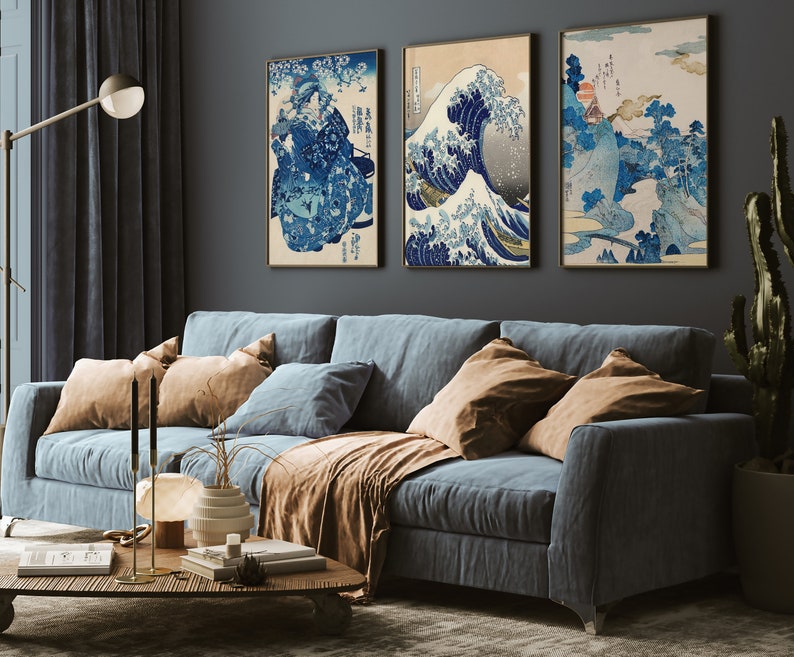 Japanese Woodblock Prints Set, Minimalist Art, Great Wave, Hokusai ...