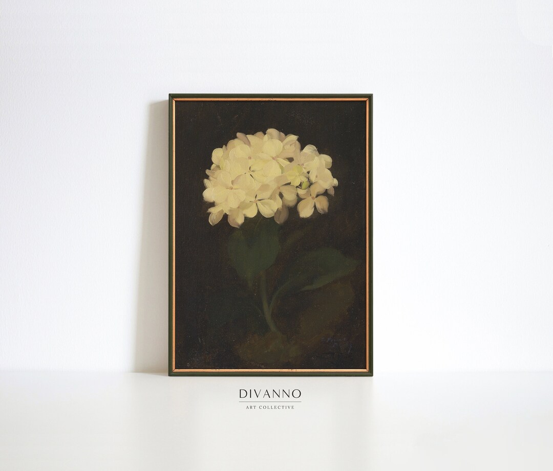 Moody Botanical Painting Print, White Hydrangea Poster, Flower Home ...