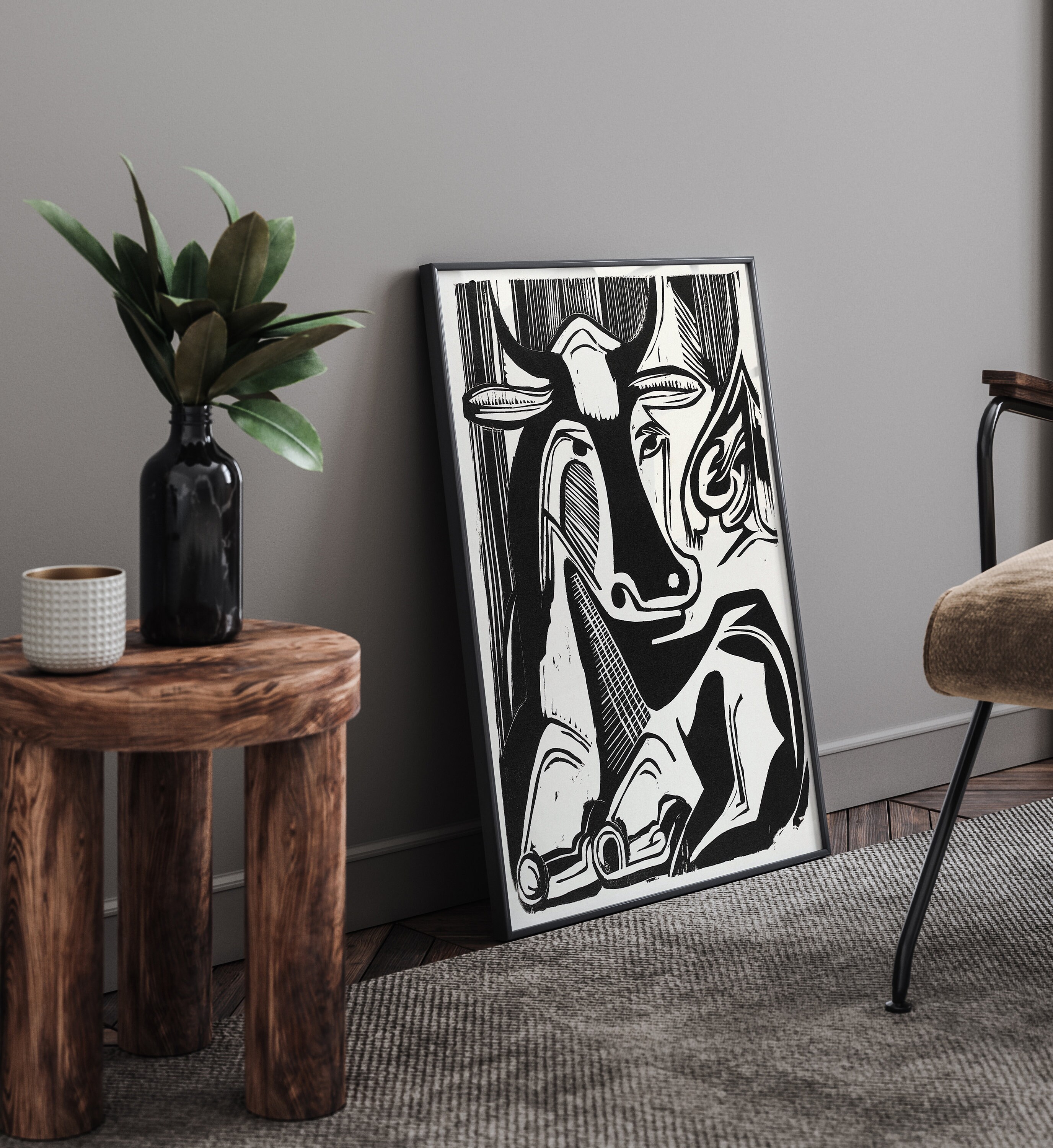 Vintage Abstract Large Cow Art Print, Retro Animal Wall Art ...
