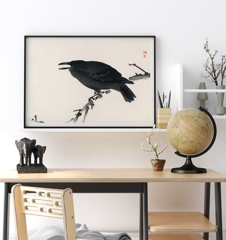 Japanese Crow Print, Kono Bairei Poster, Black Bird Woodblock ...