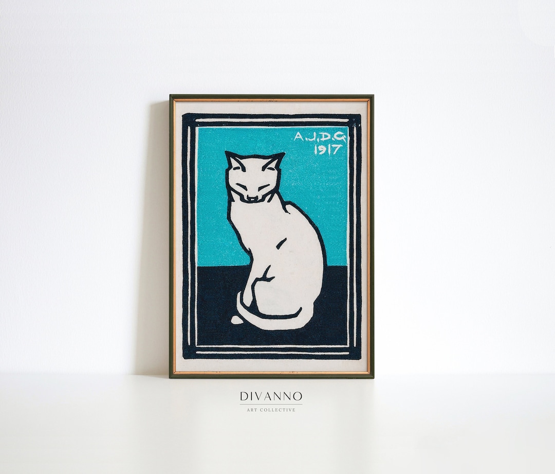 Sitting Blue Cat Print, Mid-century Wall Art, Julie De Graag Vintage ...