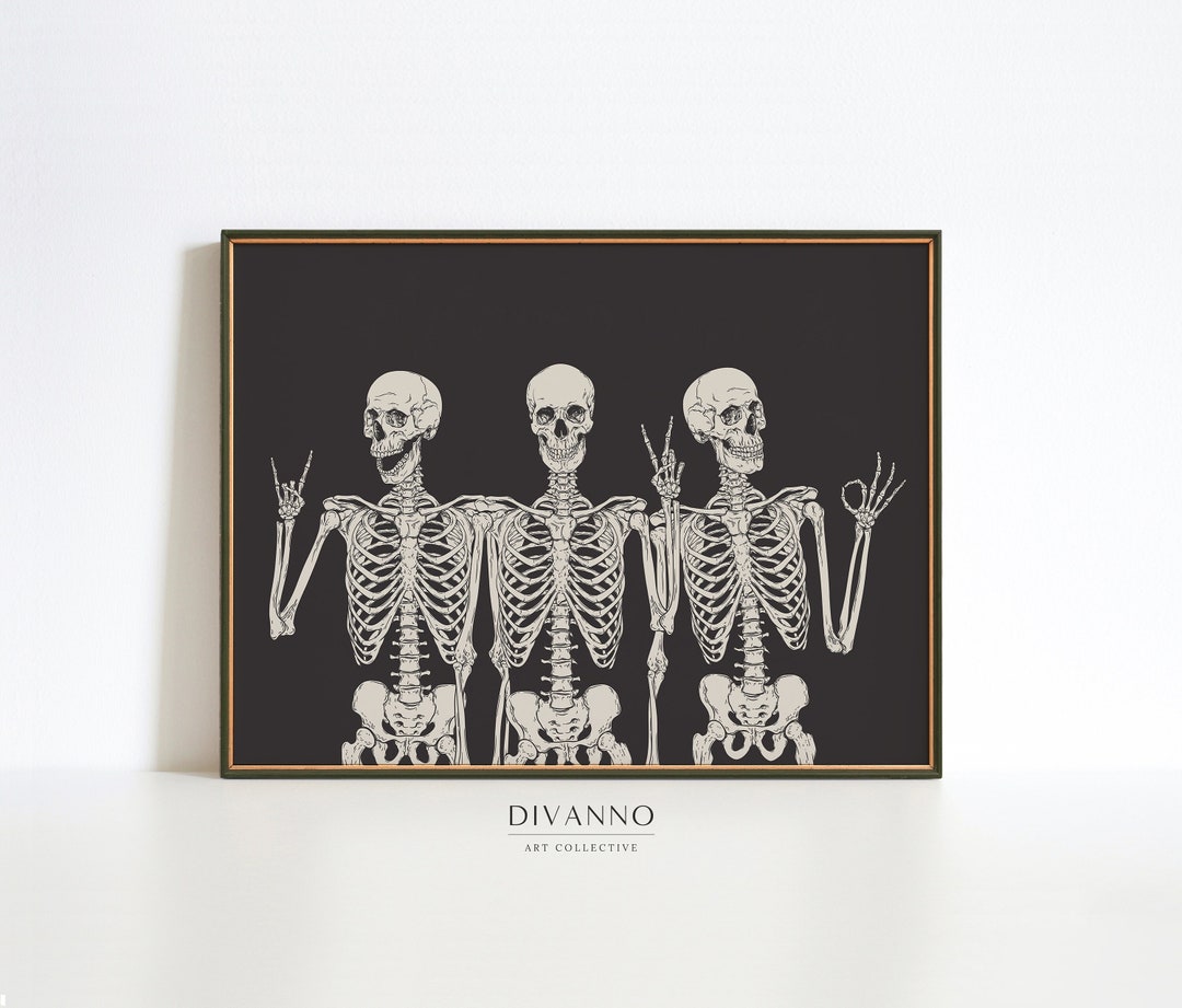 Skeletons Halloween Print, Skeleton Peace Sign Poster, Party Wall Art ...
