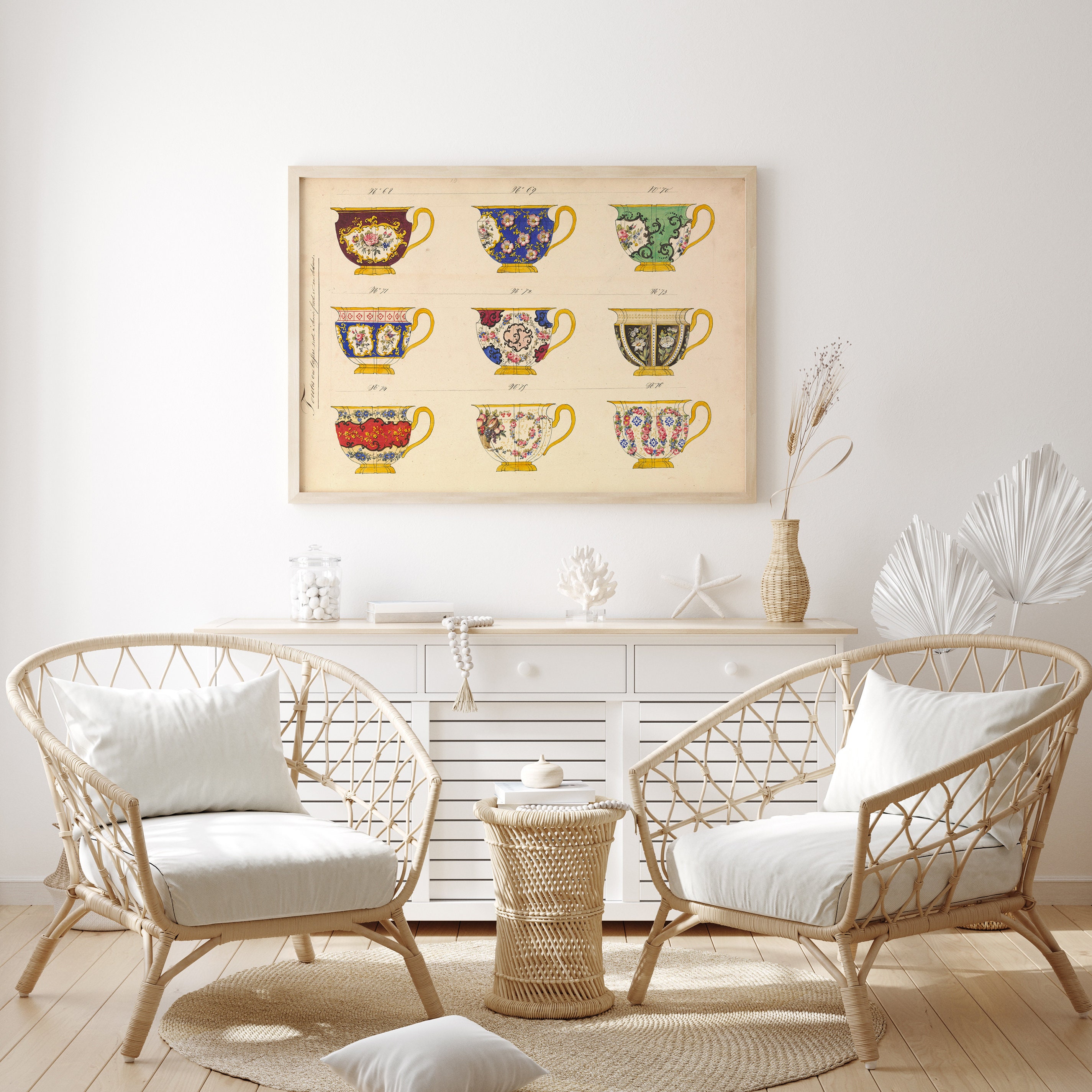 Antique Porcelain Print, Vintage Tea Cups Designs Illustration ...