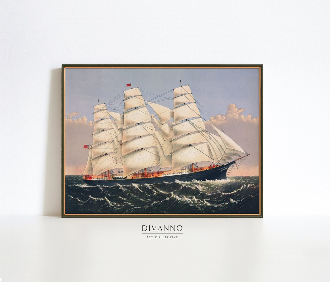 Antique Ship Sailing Painting Print, Vintage Nautical Poster, Seascape ...