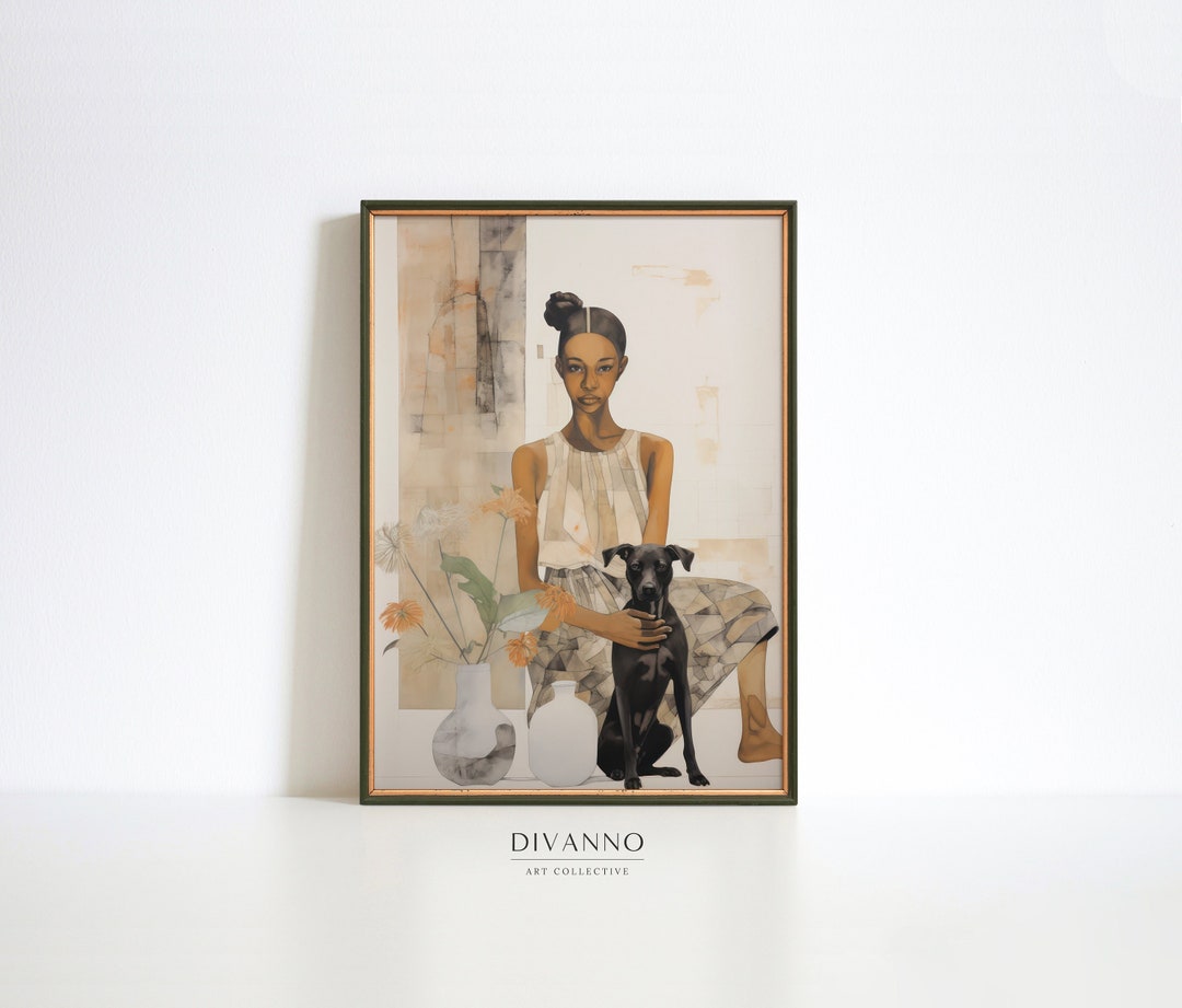 Woman With Dog Print, Abstract Woman Painting, Neutral Wall Art ...