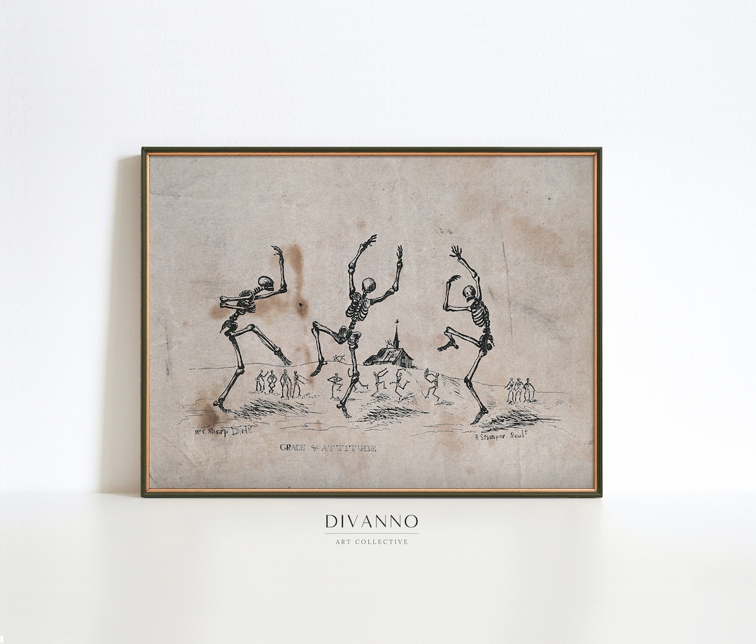 Skeleton Dancing Print, Antique Halloween Wall Art, Funny Skeleton ...