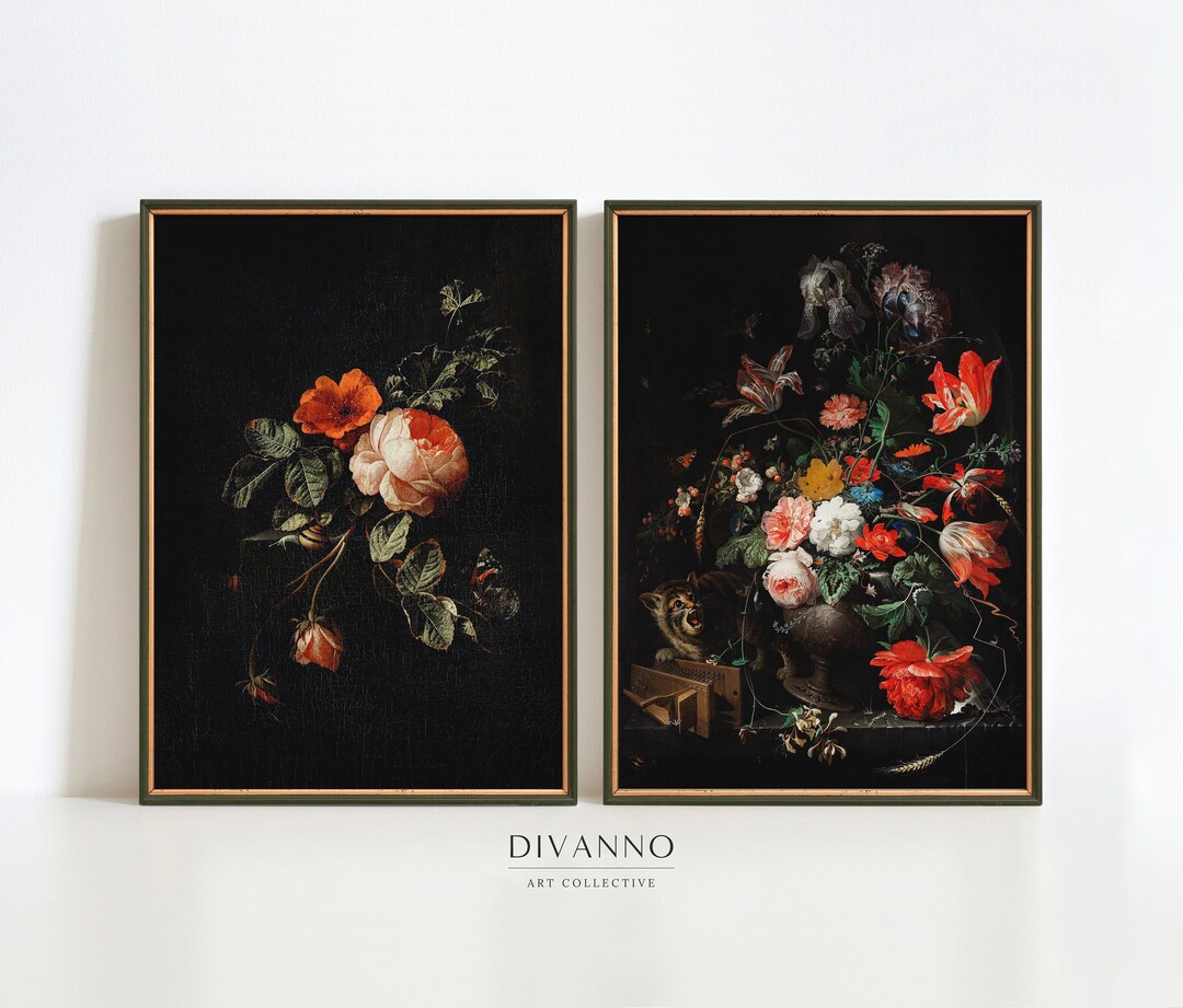 Set of 2 Moody Prints, Antique Flower Gallery Wall Art, Floral Home ...