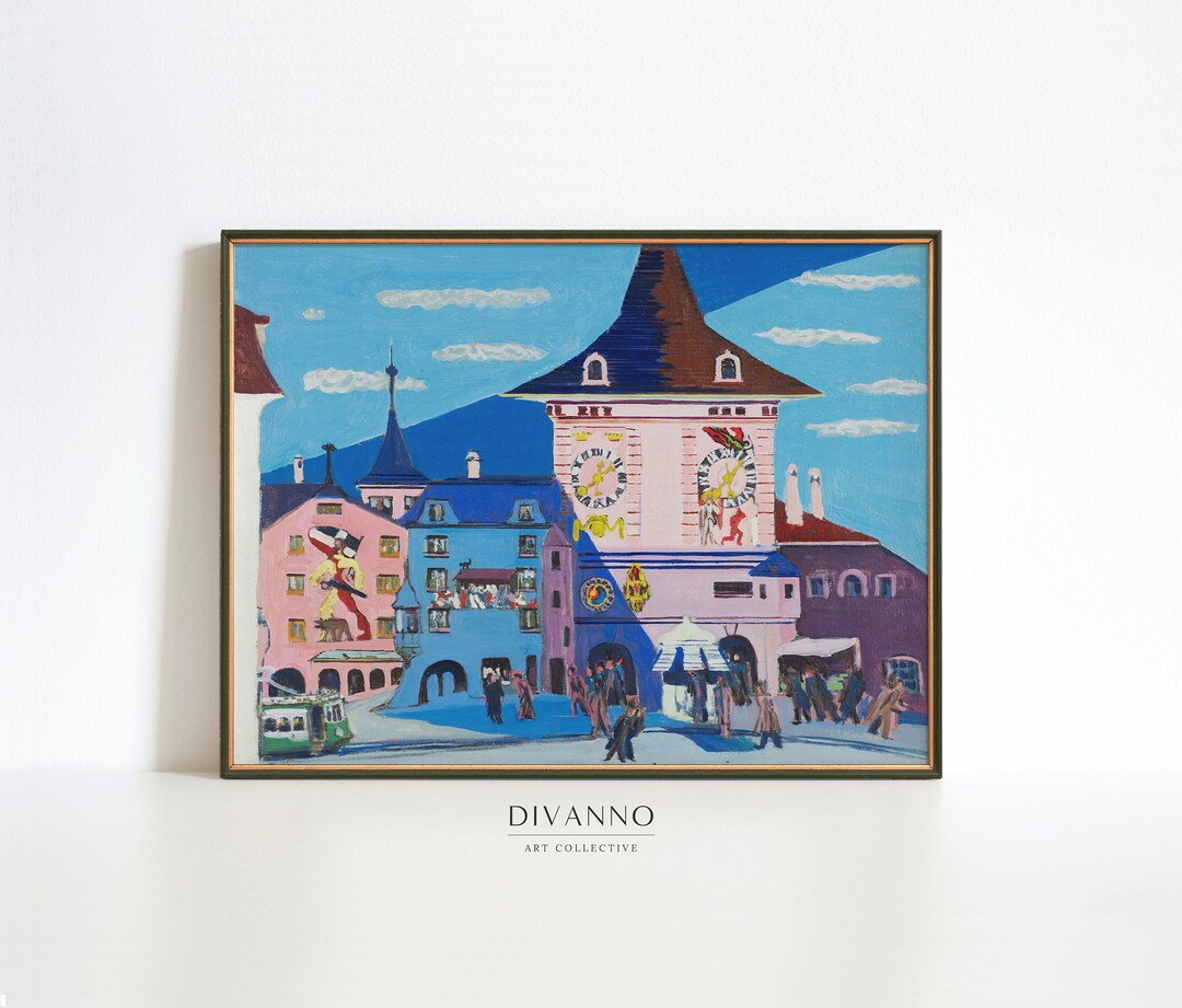 Antique Bern Cityscape Painting Print, Swiss Bell Tower Wall Art ...