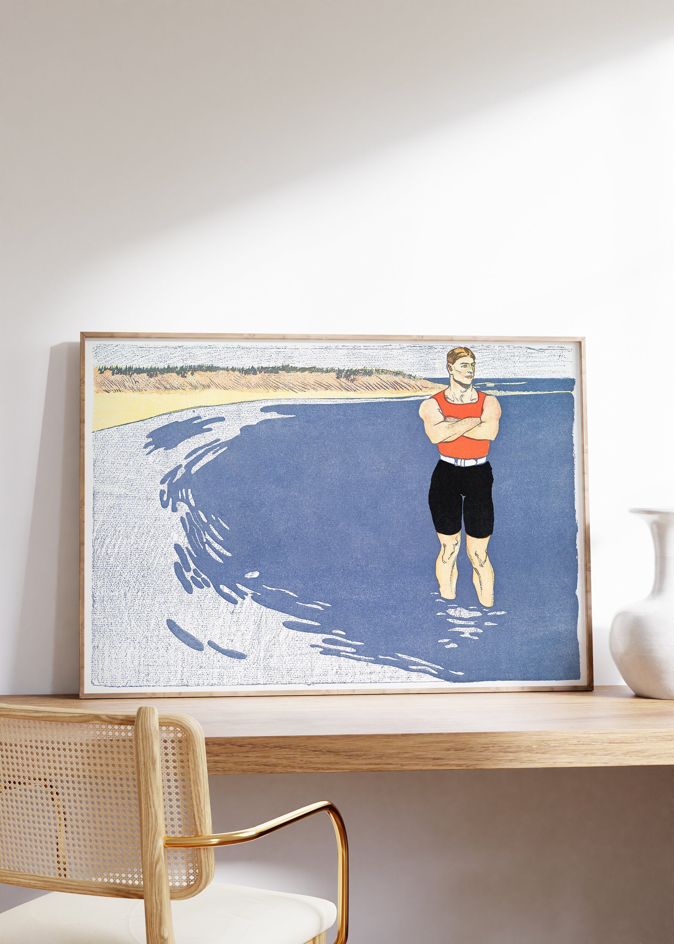 French Fashion Wall Art, Man Beach Outfit Print, Art Deco Canvas, Cozy ...