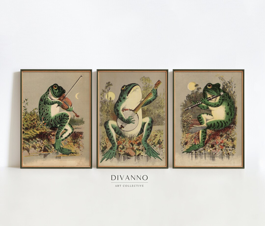 Set of 3 Frog Prints, Moonlight Frog Band Wall Decor, Vintage Funny ...